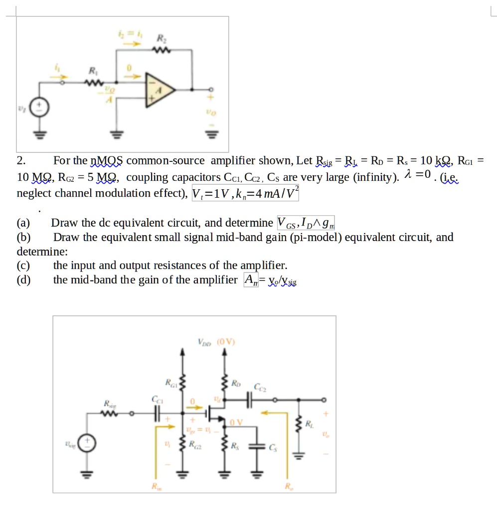 2. For the nMOS common-source amplifier shown, Let Rsig = RL = RD = RS = 10 kΩ, RG1 = 10 MΩ, RG2 ...