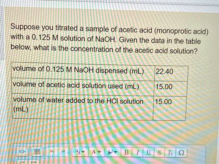 SOLVED: Suppose You titrated a sample of acetic acid (monoprotic acid) with a 0.125 M solution ...