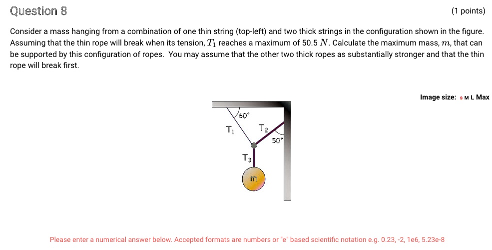 question 8 points consider mass hanging from combination of one thin string top left and two ...