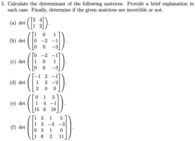 5. Calculate the determinant of the following matrices. Provide a brief explanation in each case ...