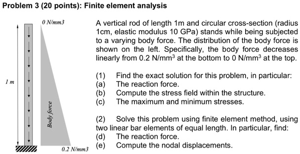 SOLVED: Problem 3 (20 points): Finite element analysis O N/mmÂ³ A vertical rod of length 1m and ...