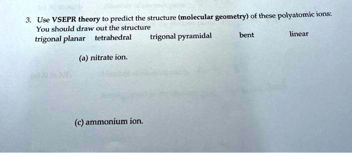 SOLVED: Use VSEPR theory to predict the structure (molecular geometry ...