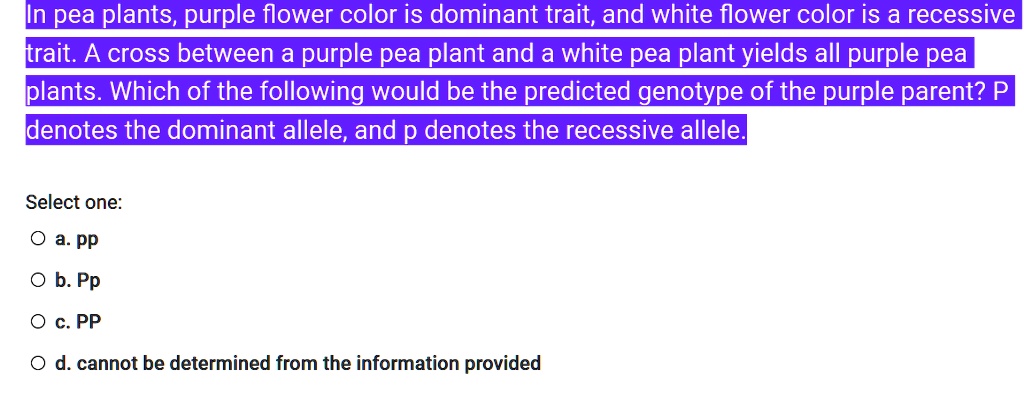 SOLVED: In pea plants, purple flower color is a dominant trait, and ...