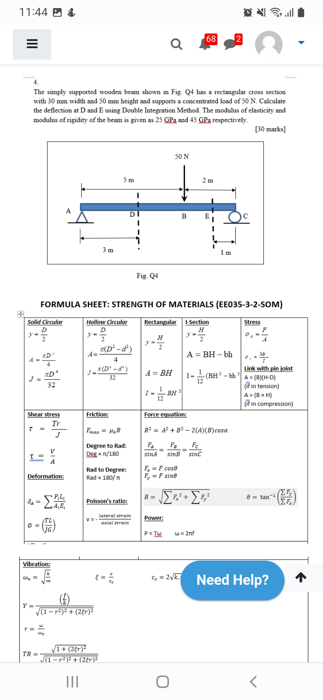 Solved 4 The Simply Supported Wooden Beam Shown In Fig Q4 Has A Rectangular Cross Section With