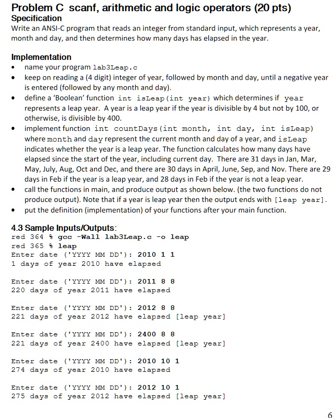 Solved Problem C Scanf Arithmetic And Logic Operators 20 Pts Specification Write An Ansi 4688