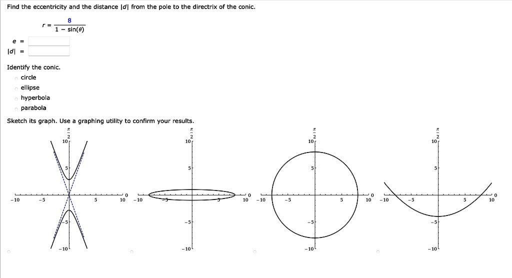 SOLVED: Find the eccentricity and the distance Id from the pole to the directrix of the conic: 1 ...