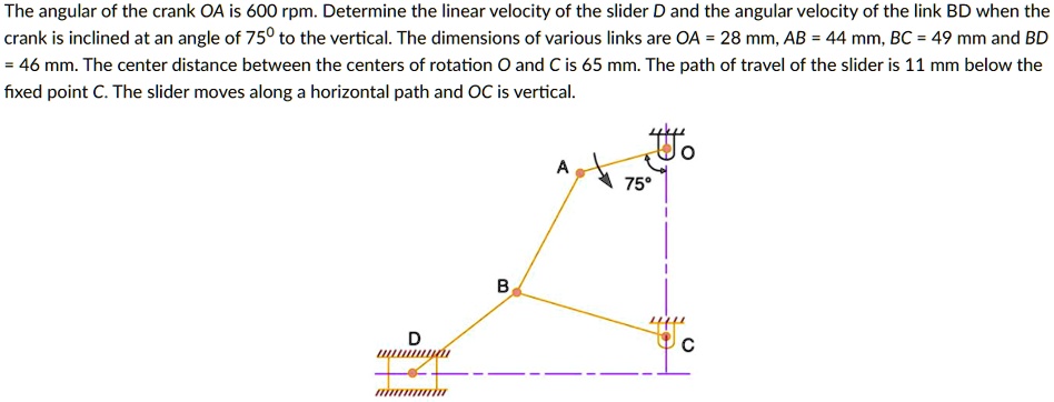 SOLVED: The angular of the crank OA is 600 rpm: Determine the linear velocity of the slider D ...