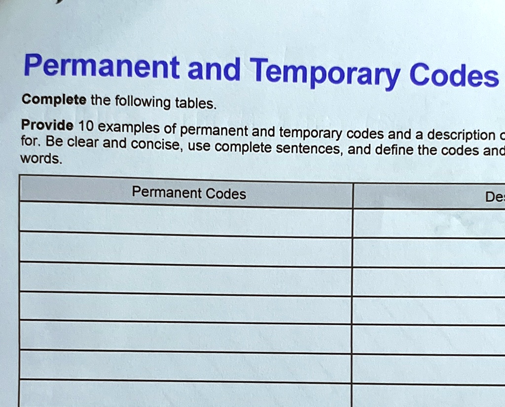 [GET ANSWER] 10 examples of permanent and temporary codes permanent and ...