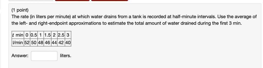 SOLVED: (1 point) The rate (in liters per minute) at which water drains ...