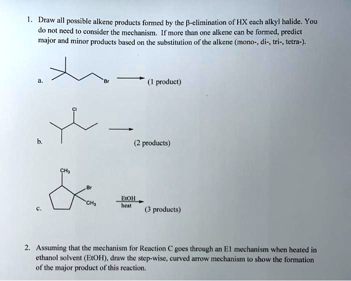 SOLVED: Draw all possible alkene products formed by the B-elimination of HX from each alkyl ...