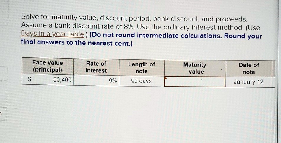 Solve for maturity value, discount period, bank discount, and proceeds ...
