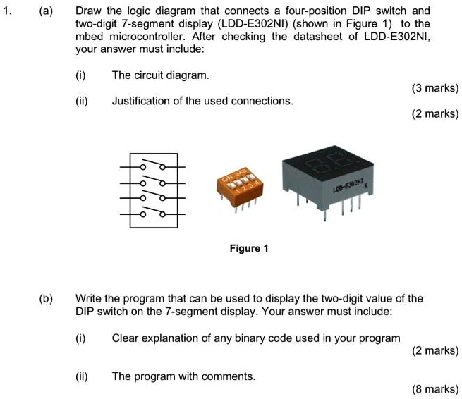 1. (a) Draw the logic diagram that connects a four-position DIP switch and two-digit 7-segment ...