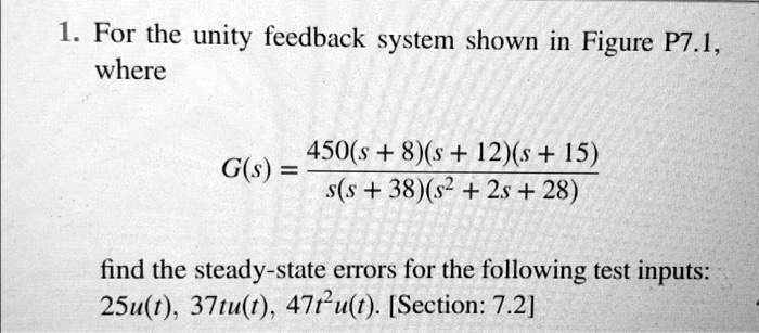 SOLVED: For the unity feedback system shown in Figure P7.1, where 450(s + 8)(s + 12)/(6s + 15) G ...