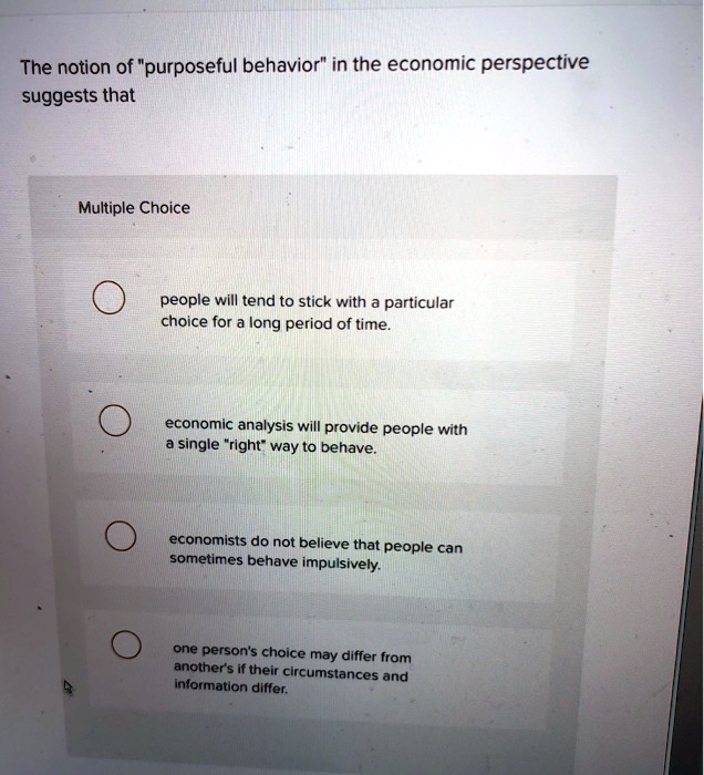 SOLVED: The notion of "purposeful behavior" in the economic perspective ...