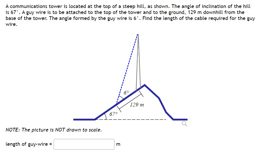 A communications tower is located at the top of a steep hill, as shown ...