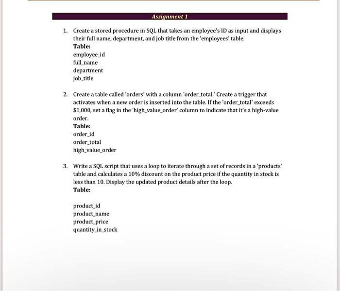 Assignment 1 1. Create a stored procedure in SQL that takes an employee's ID as input and ...