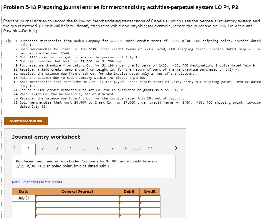 SOLVED: Problem 5-1A: Preparing Journal Entries for Merchandising ...