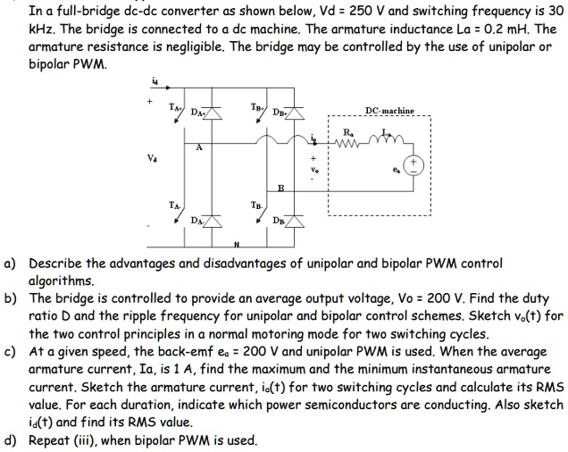 In a full-bridge dc-dc converter as shown below, Vd = 250 V and switching frequency is 30 kHz ...