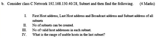 B. Consider class C Network 192.168.130.40/28, Subnet and...
