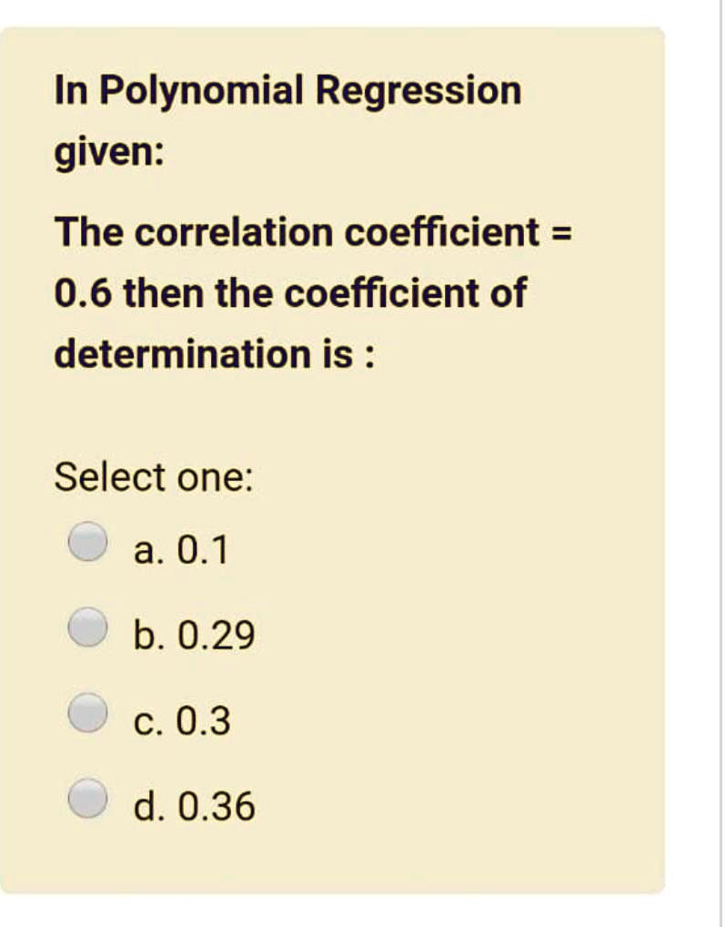 SOLVED: In Polynomial Regression given: The correlation coefficient = 0 ...