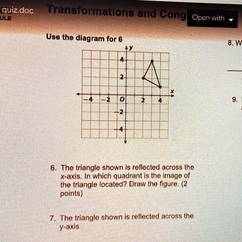 The triangle shown is reflected across the y-axis. quizdoc uLE ...