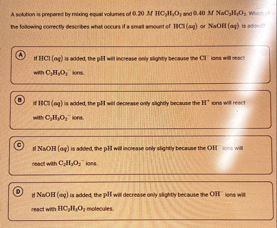 a solution is prepared by mixing equal volumes of 020 m hc2h3o2 and 040 m nac2h3o2 which of the ...