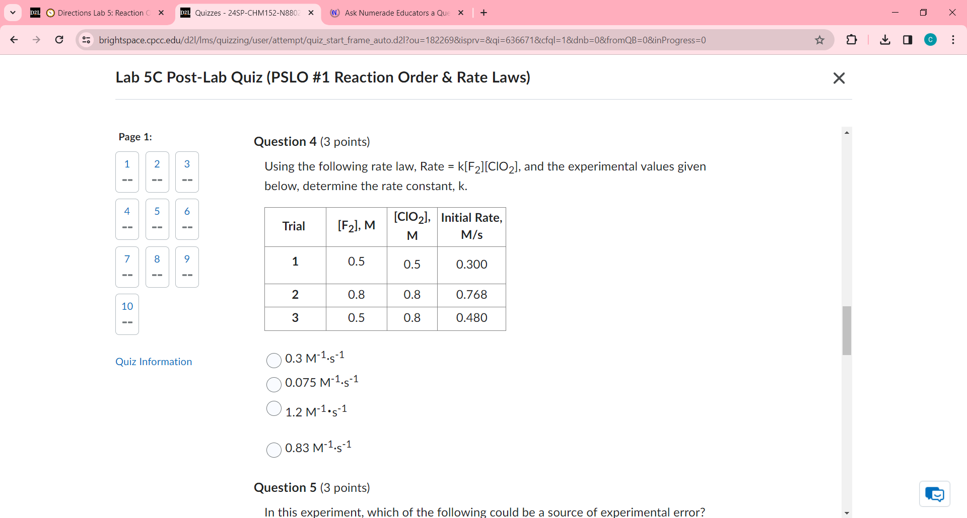 Lab 5C Post-Lab Quiz (PSLO #1 Reaction Order & Rate Laws) Page 1: . 1 ...