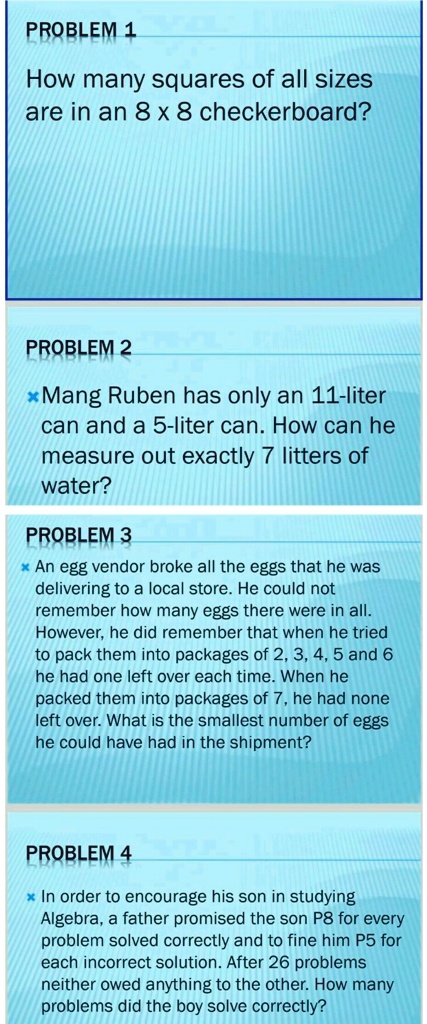 problem 1 how many squares of all sizes are in an 8 x 8 checkerboard ...