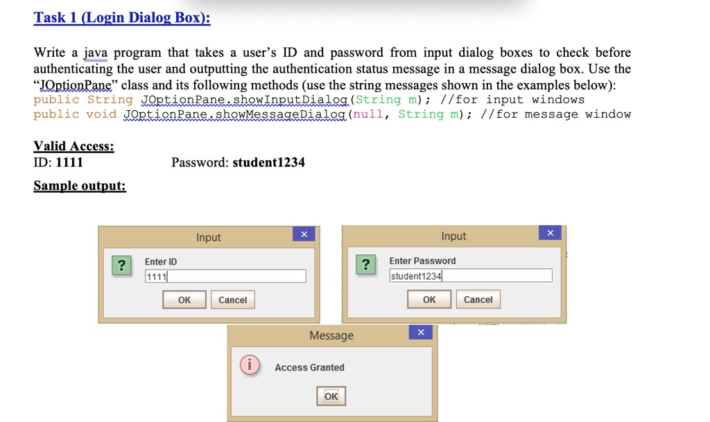 VIDEO solution: Texts: Task 1 (Login Dialog Box): Write a Java program ... VIDEO solution: Texts: Task 1 (Login Dialog Box): Write a Java program ...