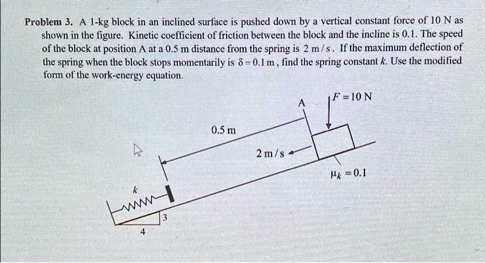 SOLVED: Problem 3. A 1-kg block on an inclined surface is pushed down by a vertical constant ...