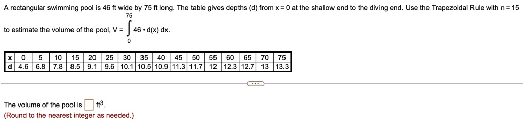 SOLVED: A rectangular swimming pool is 46 ft wide by 75 ft long: The ...