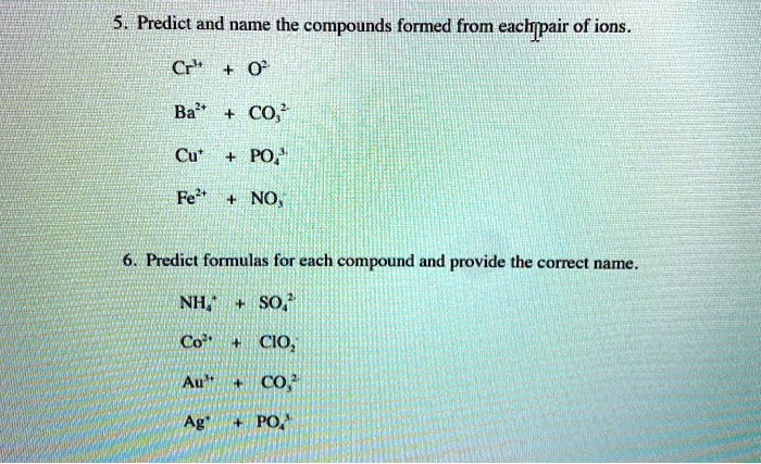SOLVED: 5 . Predict and name the compounds formed from eachppair of ions Cr" 0' Ba + CO; Cut PO ...