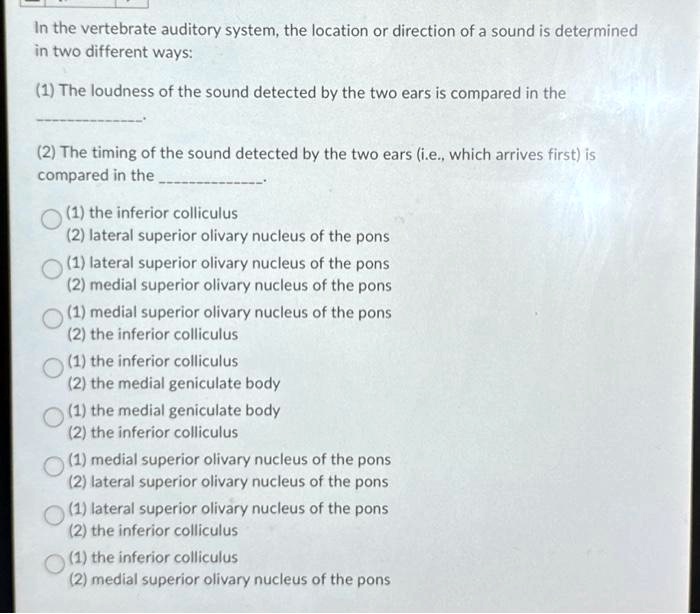 SOLVED: In the vertebrate auditory system, the location or direction of ...