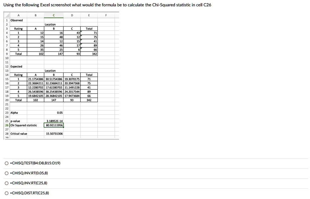 SOLVED: Using the following Excel screenshot what would the formula be ...
