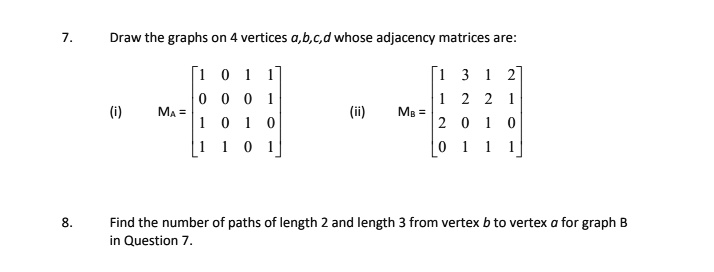 SOLVED: Draw the graphs on vertices @,b,c,d whose adjacency matrices are: MB Find the number of ...