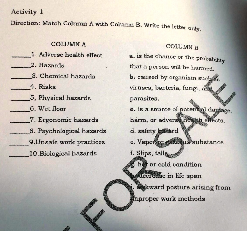 SOLVED: Match Column A with Column B. Write the letter only. COLUMN A 1. Adverse health effect 2 ...