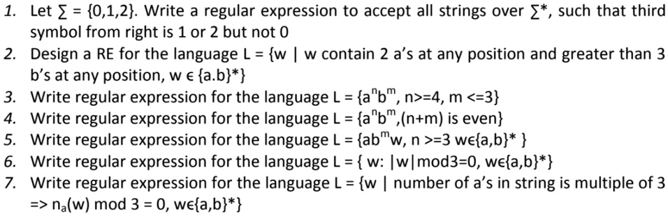 1. Let ? = 0,1,2. Write a regular expression to accept all strings over ?*, such that third ...