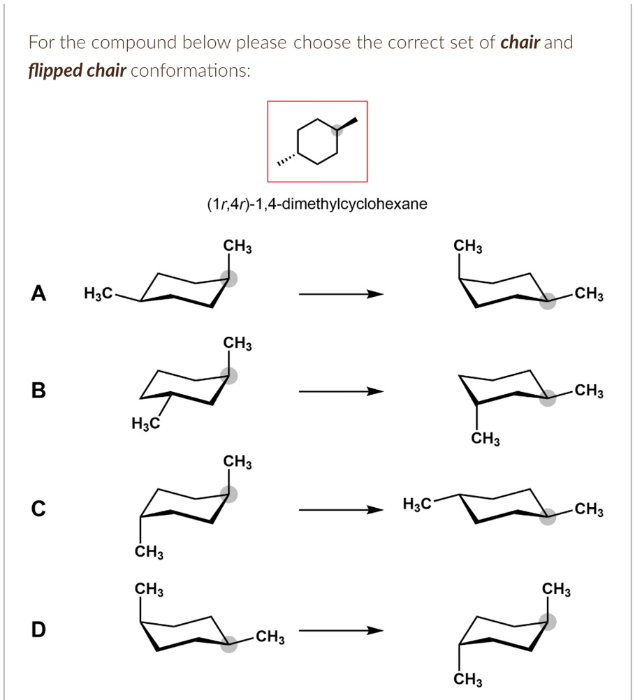 For the compound below please choose the correct set of chair and flipped chair conformations ...