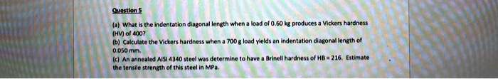 Question 5 (a) What is the indentation diagonal length when a load of 0 ...