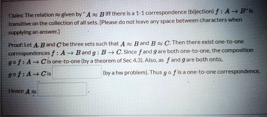 SOLVED: Claim: The relation given by A B if there is a 1-1 ...