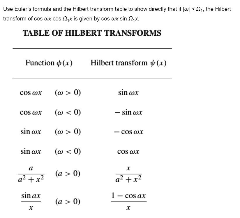SOLVED:Use Euler's formula and the Hilbert transform table to show ...