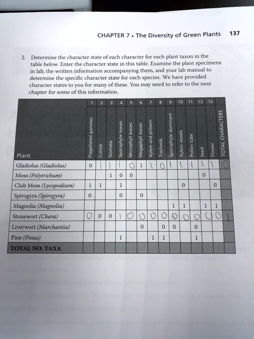 Solved Chapter The Diversity Of Green Plants 137 Determine The Character State For Each 