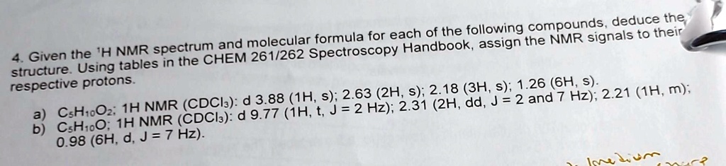 structure using tables in the chem 261262 spectroscopy handbook assign the nmr signals to their ...