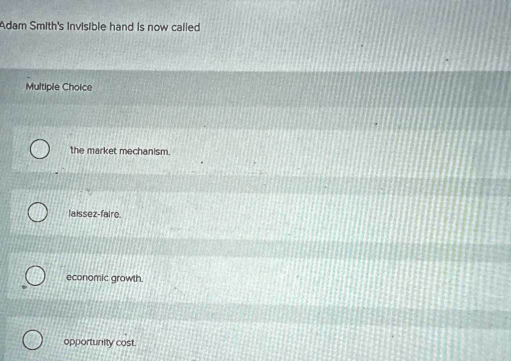 SOLVED: Adam Smith's invisible hand is now called Multiple Choice the ...
