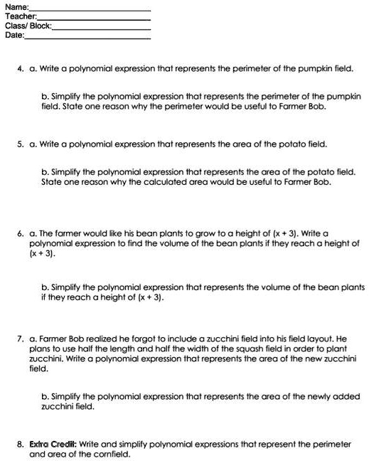 ame teacher class block date wite polynomial expression that represents ...