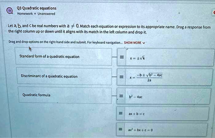 SOLVED: Let a, b, and c be real numbers with a â‰ 0. Match each equation or expression to its ...