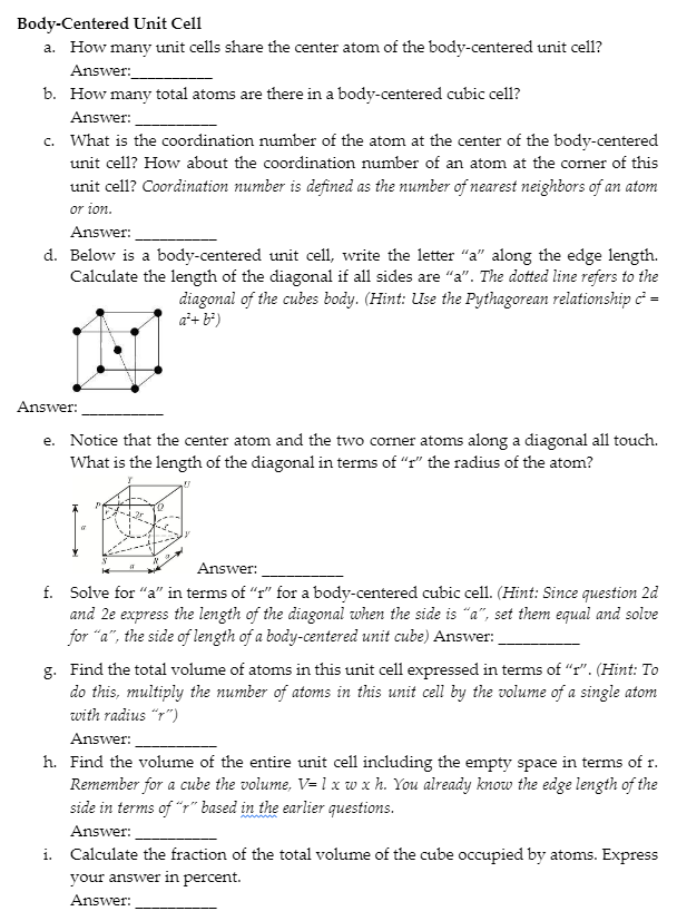 SOLVED: Body-Centered Unit Cell a. How many unit cells share the center atom of the body ...