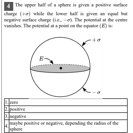 4 the upper half of a sphere is given a positive surface charge sigma ...