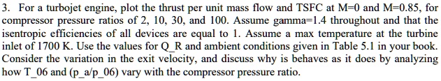 SOLVED: For a turbojet engine, plot the thrust per unit mass flow and TSFC at M=0 and M=0.85 ...