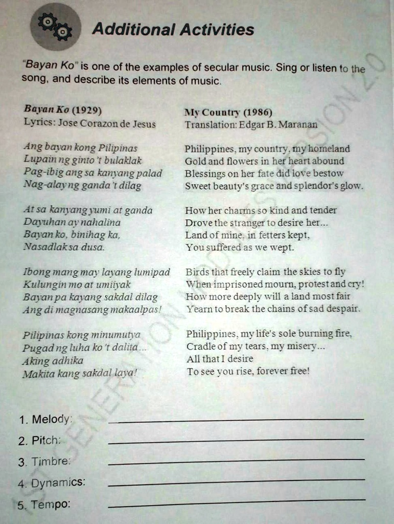 bayan ko is one of the example of secular music sing or listen to tge ...
